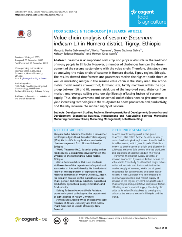 (PDF) Value chain analysis of sesame (Sesamum indicum L.) in Humera ...