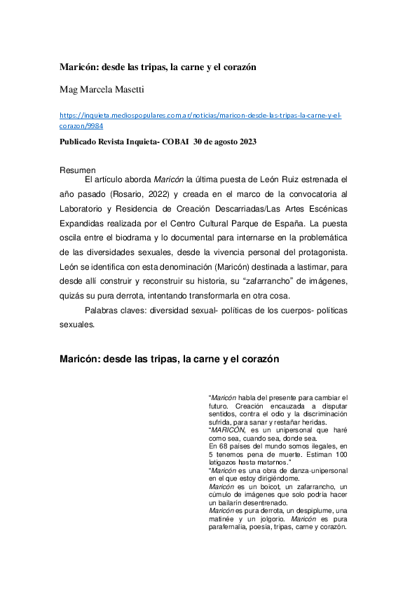 (PDF) Maricón: desde las tripas, la carne y el corazón