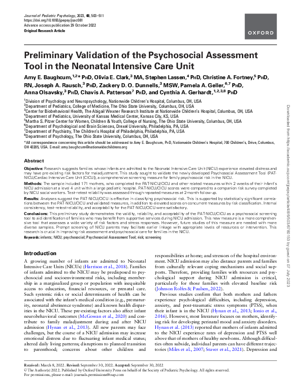 (PDF) Preliminary Validation of the Psychosocial Assessment Tool in the ...