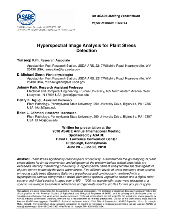 (PDF) Hyperspectral Image Analysis for Plant Stress Detection