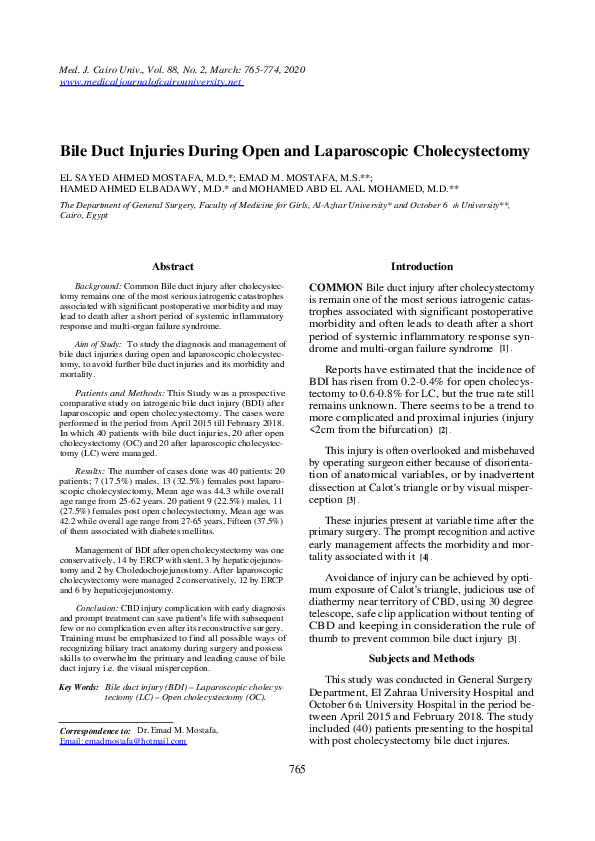 (PDF) Bile Duct Injuries During Open and Laparoscopic Cholecystectomy | El Mostafa JALID ...