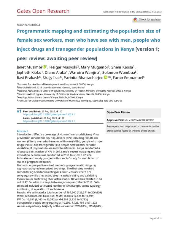 (PDF) Programmatic mapping and estimating the population size of female sex workers, men who ...