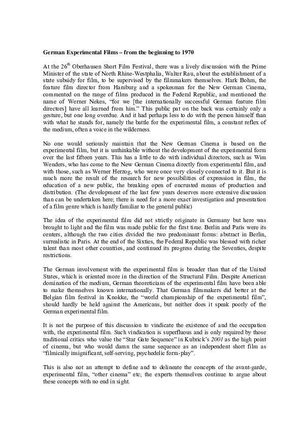 (PDF) The German Experimental Film: From the beginnings to 1970