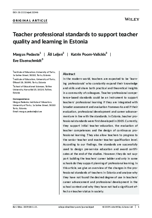 (PDF) Teacher professional standards to support teacher quality and learning in Estonia