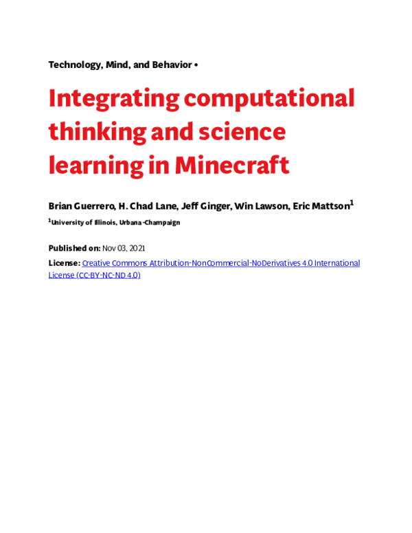 (PDF) Integrating computational thinking and science learning in Minecraft | Brian Guerrero ...