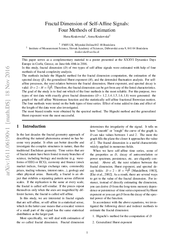 (PDF) Fractal Dimension of Self-Affine Signals: Four Methods of Estimation