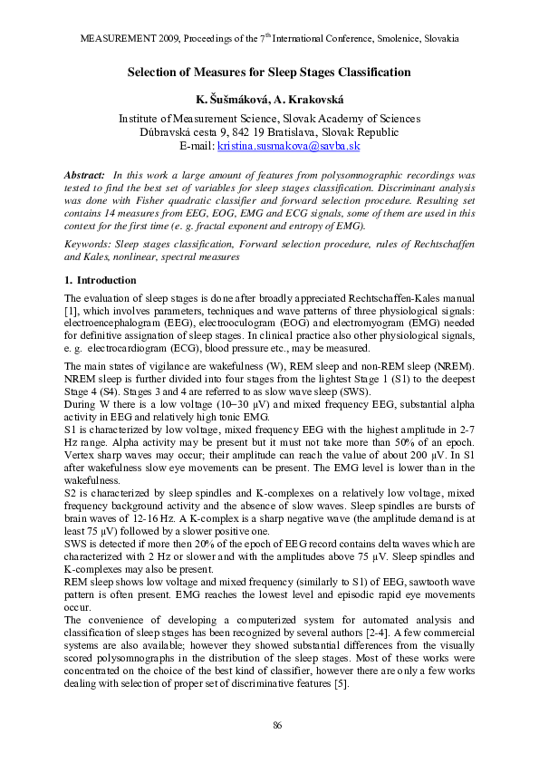 (PDF) Selection of Measures for Sleep Stages Classification