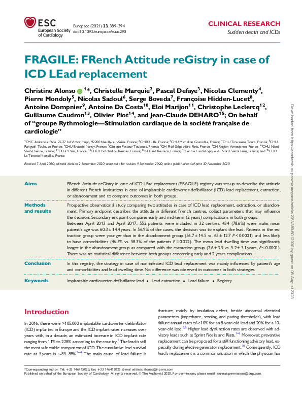(PDF) FRAGILE: FRench Attitude reGistry in case of ICD LEad replacement