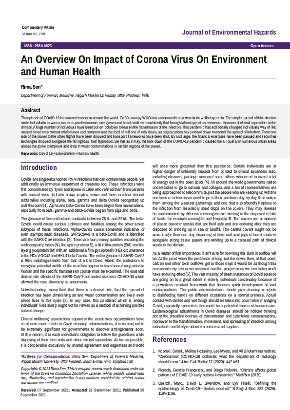 (PDF) An Overview On Impact of Corona Virus On Environment and Human Health