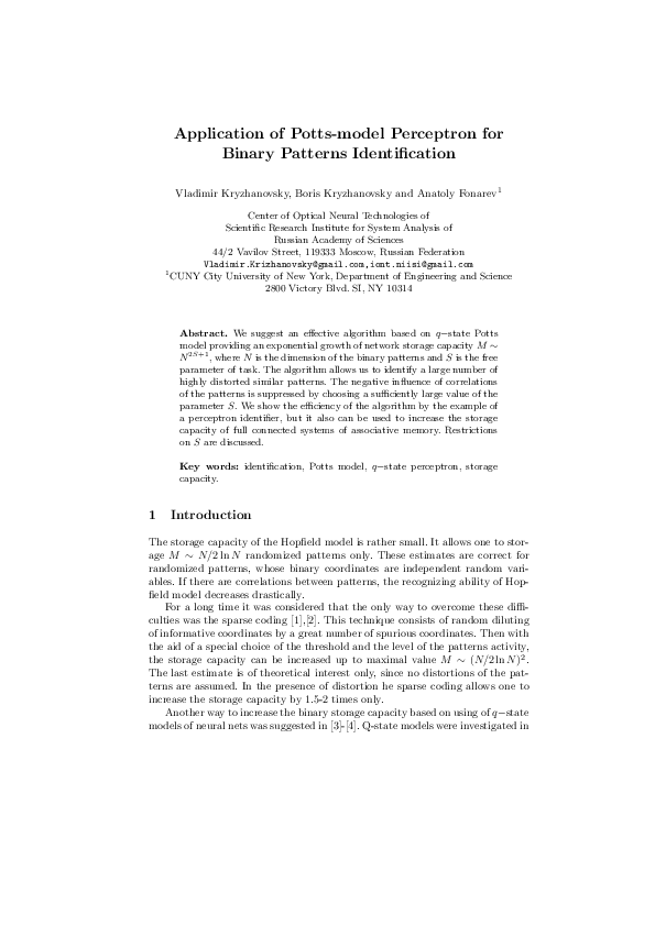 (PDF) Application of Potts-Model Perceptron for Binary Patterns Identification | Anatoly Fonarev ...