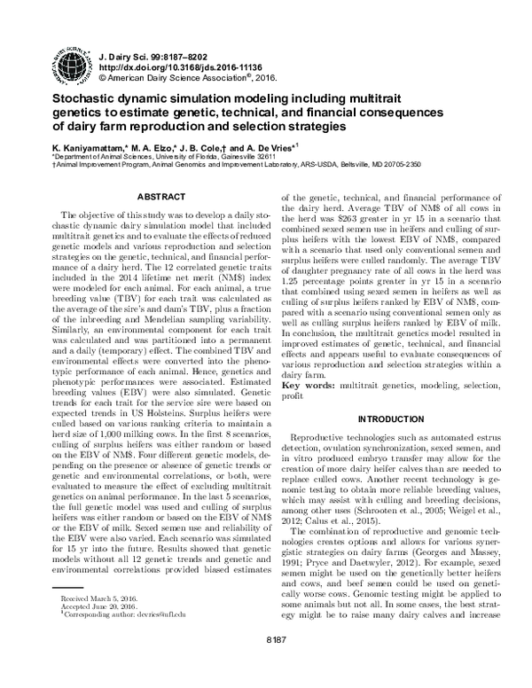 (PDF) Stochastic dynamic simulation modeling including multitrait genetics to estimate genetic ...