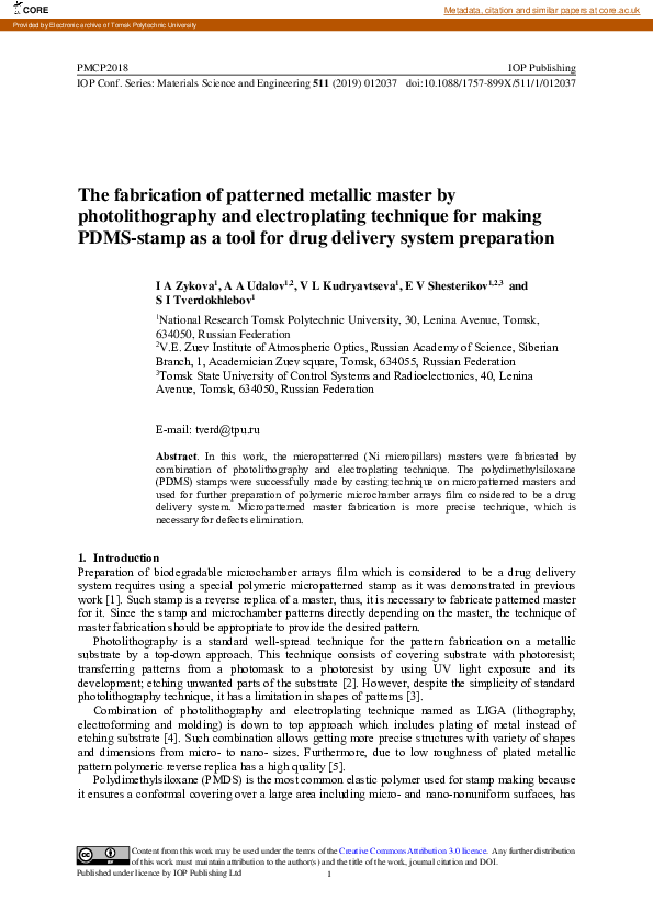 (PDF) The fabrication of patterned metallic master by photolithography and electroplating ...
