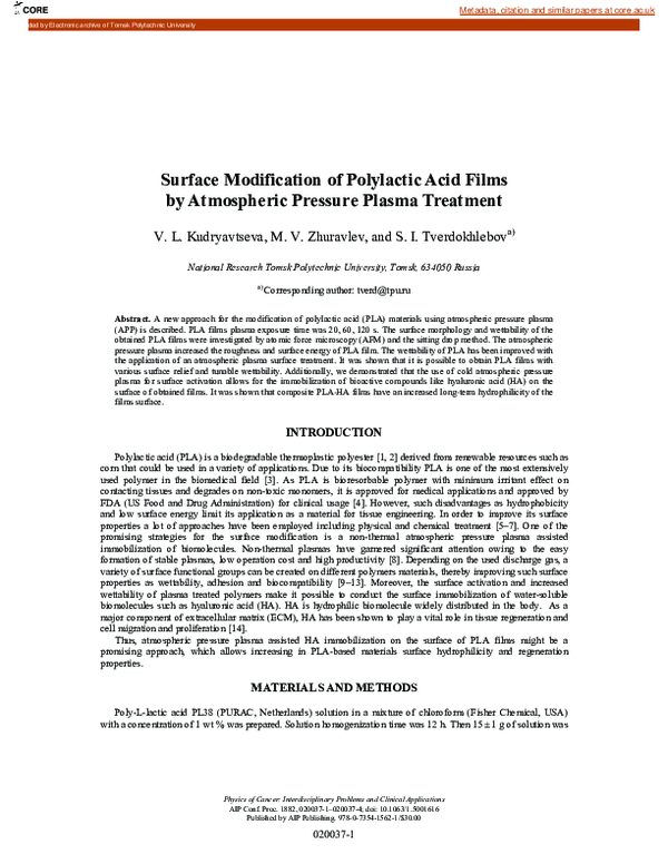 (PDF) Surface modification of polylactic acid films by atmospheric ...