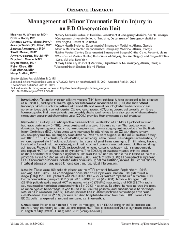(PDF) Management of Minor Traumatic Brain Injury in an ED Observation Unit