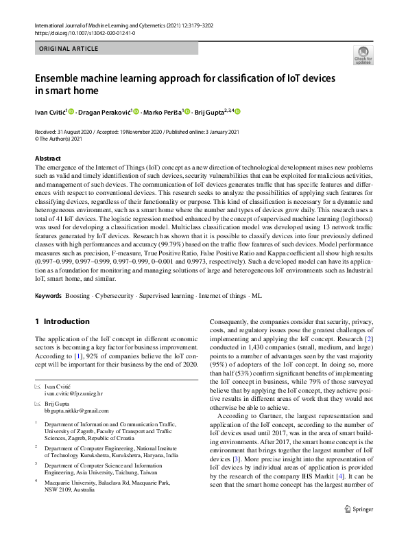 (PDF) Ensemble machine learning approach for classification of IoT devices in smart home