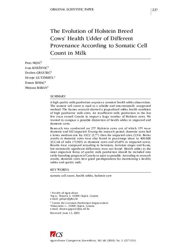 (PDF) The Evolution of Holstein Breed Cows' Health Udder of Different Provenance According to ...