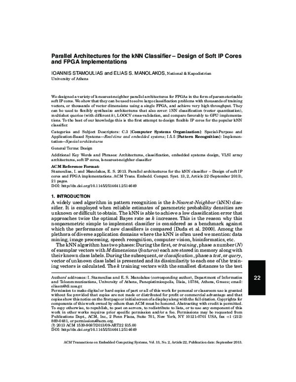 Pdf Parallel Architectures For The Knn Classifier Design Of Soft Ip Cores And Fpga