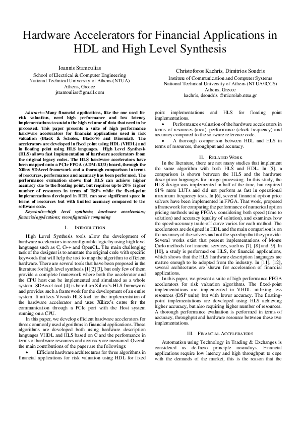 Pdf Hardware Accelerators For Financial Applications In Hdl And High Level Synthesis