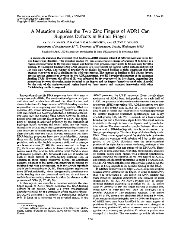 (PDF) A mutation outside the two zinc fingers of ADR1 can suppress ...