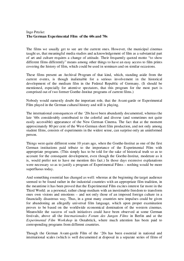 (PDF) The German Experimental Film of the Sixties and Seventies