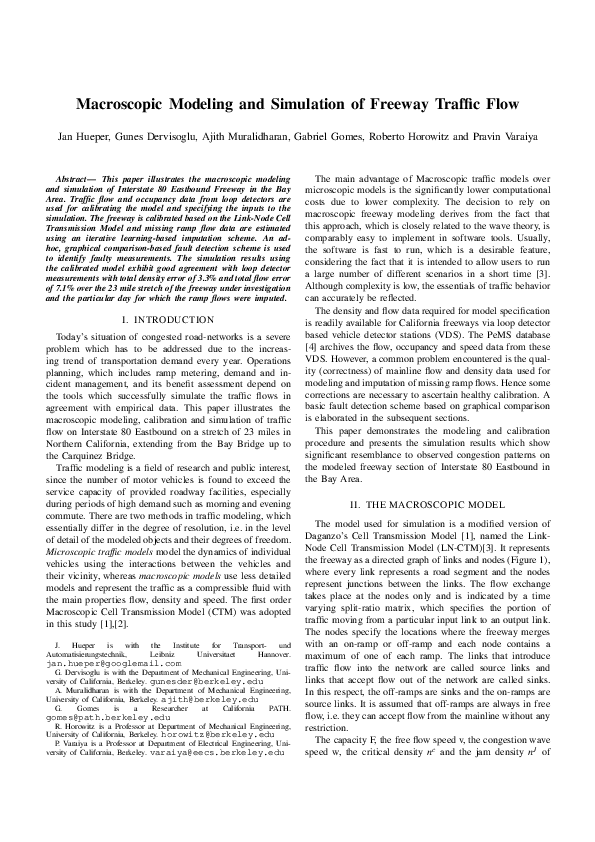 (PDF) Macroscopic Modeling and Simulation of Freeway Traffic Flow