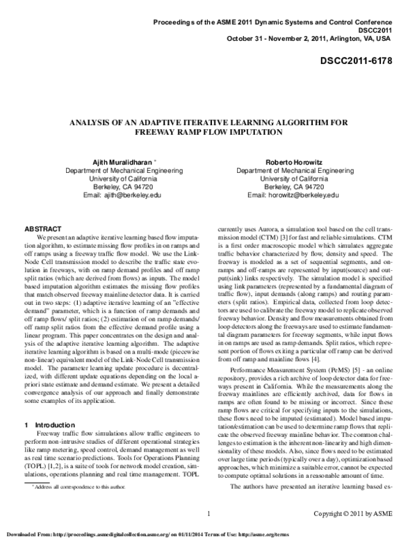 (PDF) Analysis of an Adaptive Iterative Learning Algorithm for Freeway Ramp Flow Imputation