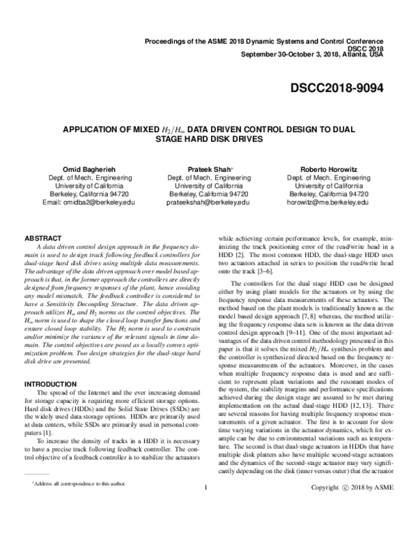 (PDF) Application of Mixed H2/H∞ Data Driven Control Design to Dual Stage Hard Disk Drives