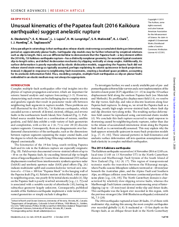 (PDF) Unusual kinematics of the Papatea fault (2016 Kaikōura earthquake ...