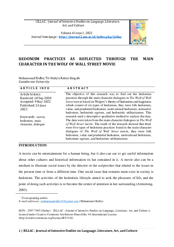 (PDF) Hedonism Practices as Reflected Through Main Character in the ...