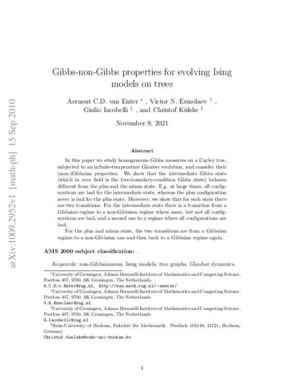 (PDF) Gibbs-non-Gibbs properties for evolving Ising models on trees