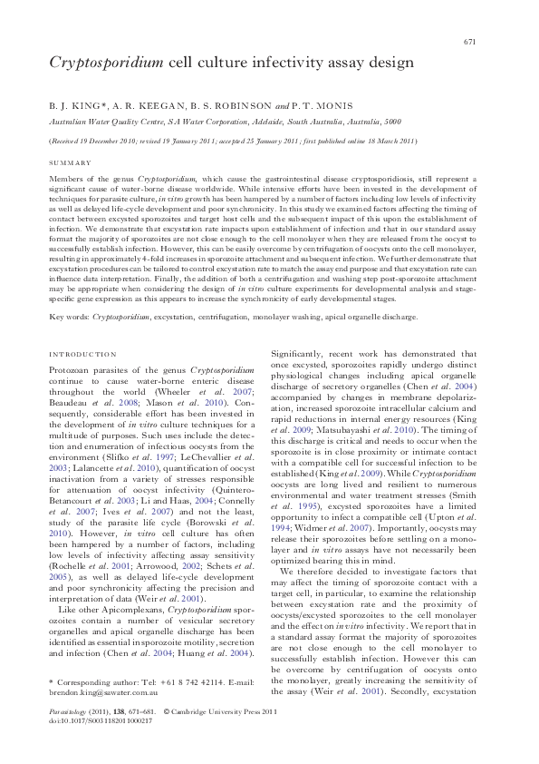 (PDF) Cryptosporidiumcell culture infectivity assay design
