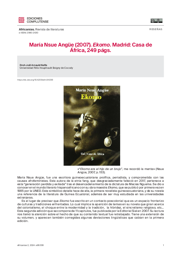 (PDF) María Nsue Angüe (2007). Ekomo. Madrid: Casa de África, 249 págs.