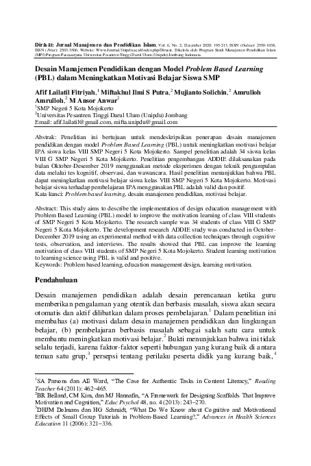 (PDF) Desain Manajemen Pendidikan dengan Model Problem Based Learning (PBL) dalam Meningkatkan ...