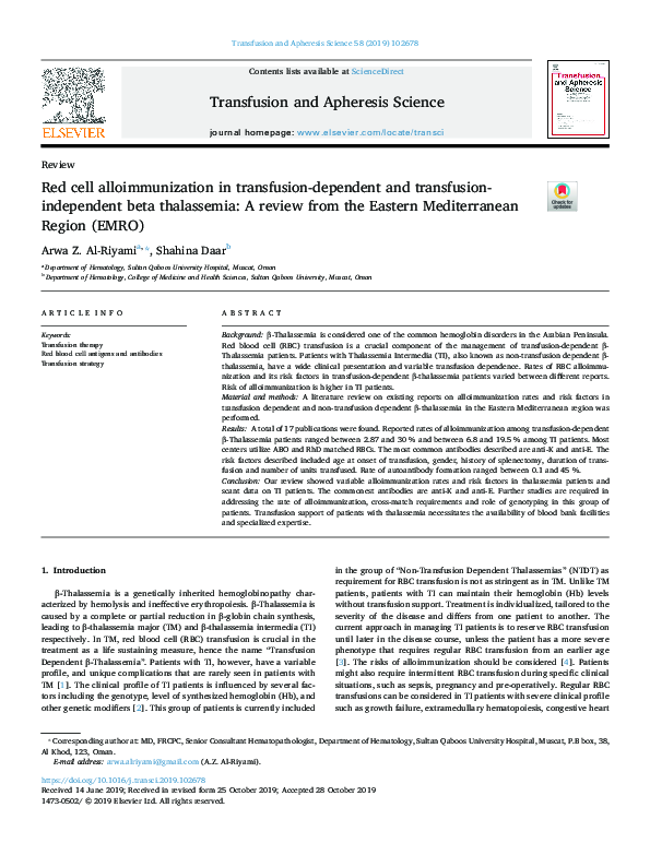 (PDF) Red cell alloimmunization in transfusion-dependent and ...
