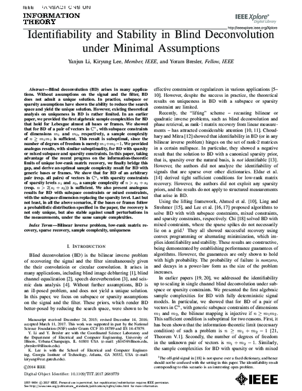 (PDF) Identifiability in Blind Deconvolution under Minimal Assumptions