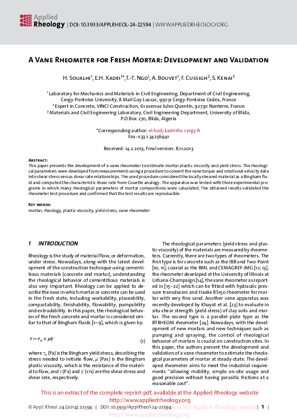 (PDF) A Vane Rheometer for Fresh Mortar: Development and Validation