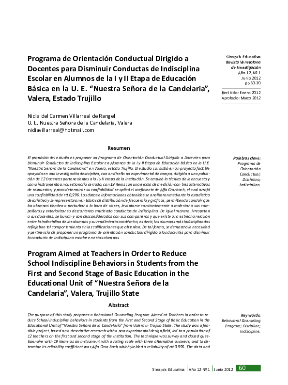 (PDF) Programa de Orientación Conductual Dirigido a Docentes para Disminuir Conductas de ...
