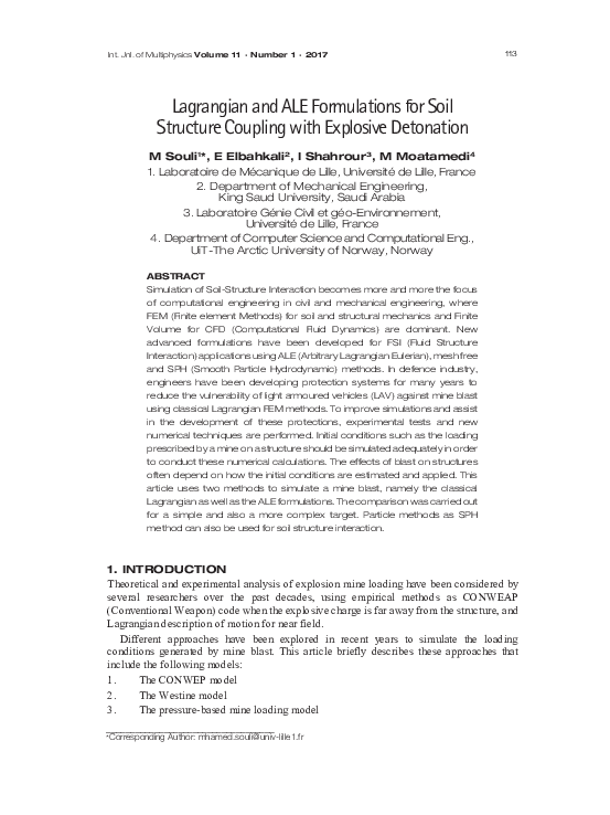 (PDF) Lagrangian and ALE Formulations For Soil Structure Coupling with Explosive Detonation
