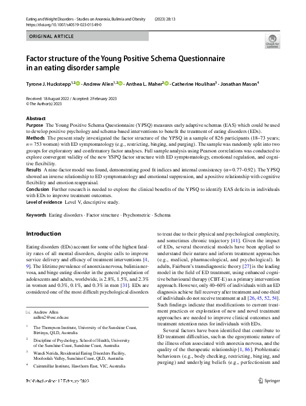 (PDF) Factor structure of the Young Positive Schema Questionnaire in an ...