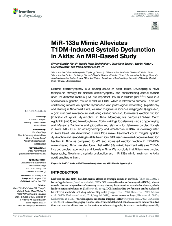 (PDF) MiR-133a Mimic Alleviates T1DM-Induced Systolic Dysfunction in ...