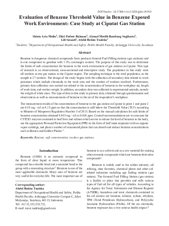 (PDF) Evaluation of Benzene Threshold Value in Benzene Exposed Work Environment: Case Study at ...