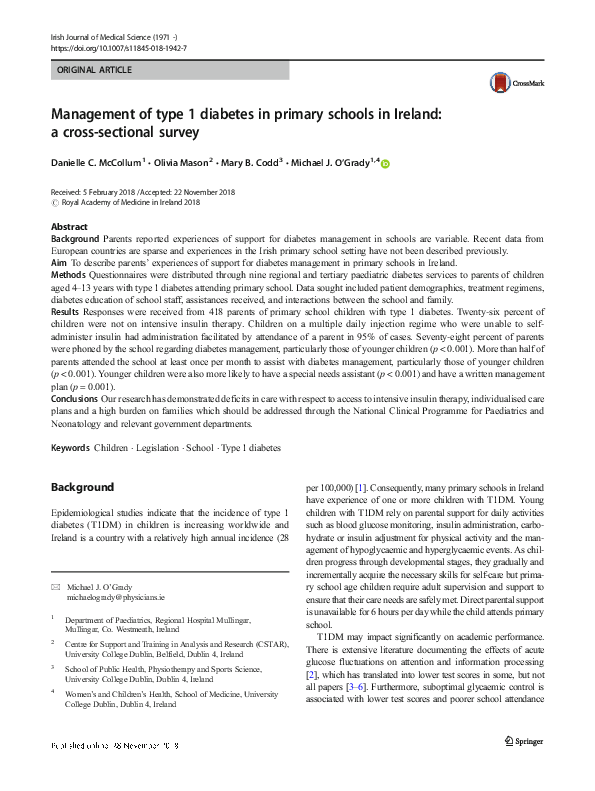 (PDF) Management of type 1 diabetes in primary schools in Ireland: a ...
