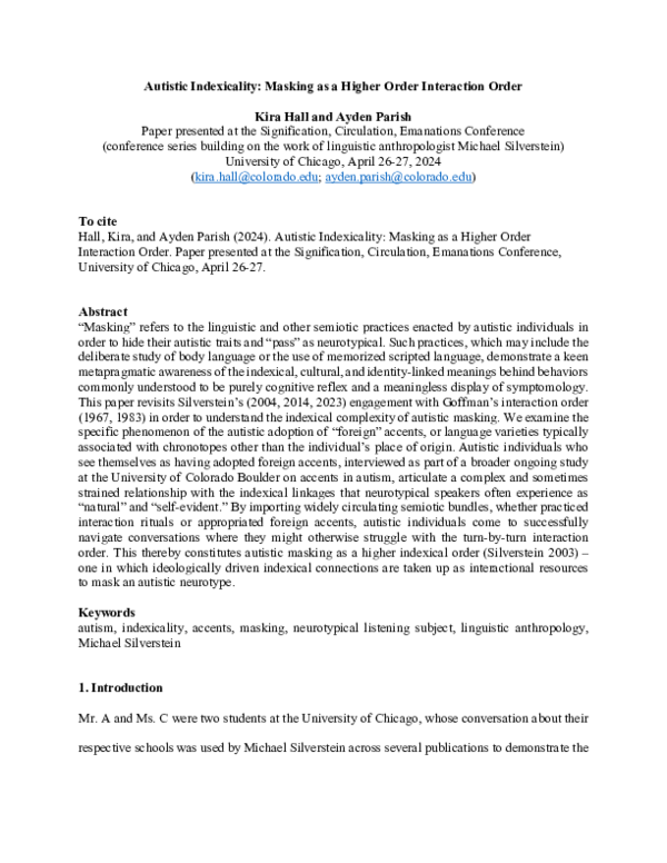 (PDF) Autistic Indexicality: Masking as a Higher Order Interaction Order