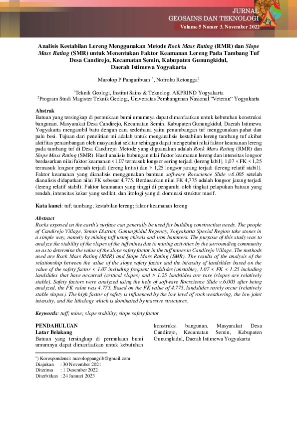 (PDF) Analisis Kestabilan Lereng Menggunakan Metode Rock Mass Rating (RMR) dan Slope Mass Rating ...