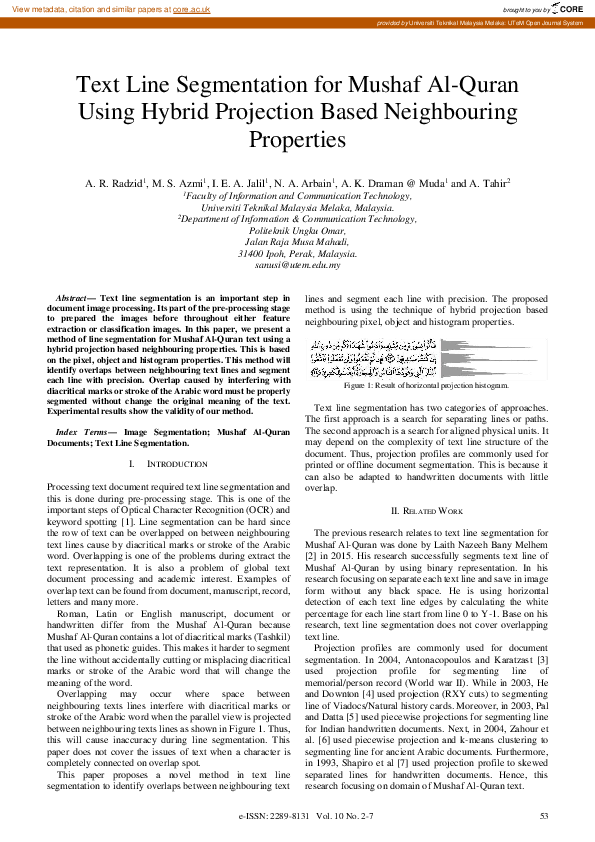 (PDF) Text Line Segmentation for Mushaf Al-Quran Using Hybrid Projection Based Neighbouring ...