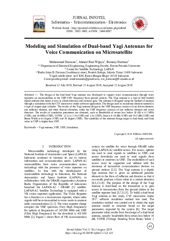 (PDF) Modeling and Simulation of Dual-band Yagi Antennas for Voice Communication on Microsatellite