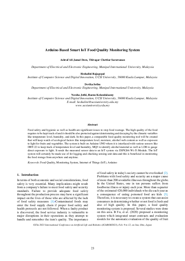 (PDF) Arduino Based Smart IoT Food Quality Monitoring System