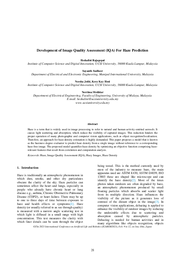 (PDF) Development of Image Quality Assessment (IQA) For Haze Prediction