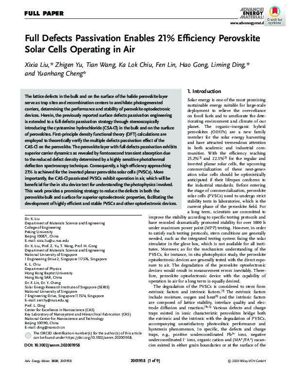 (PDF) Full Defects Passivation Enables 21% Efficiency Perovskite Solar Cells Operating in Air