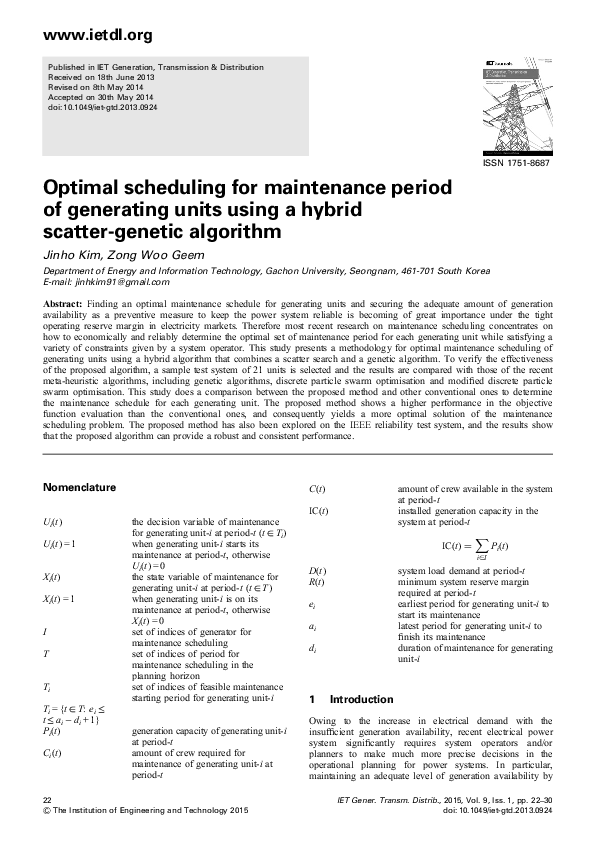 (PDF) Optimal scheduling for maintenance period of generating units using a hybrid scatter ...